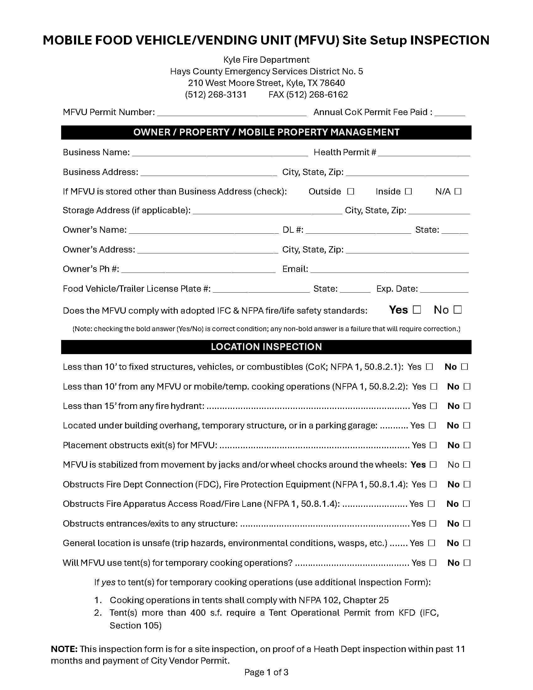 Mobile Food Vehicle Inspections - Hays County ESD No. 5 / Kyle Fire ...